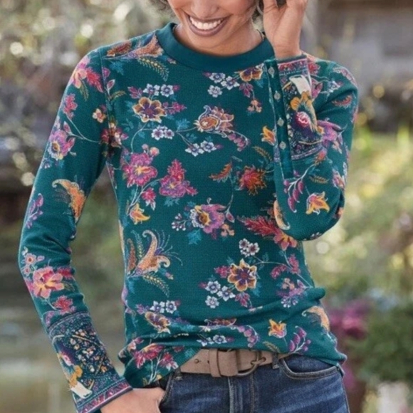 Sundance | Tops | Sundance Floral Teal Long Sleeve Thermal Top Sz Med ...
